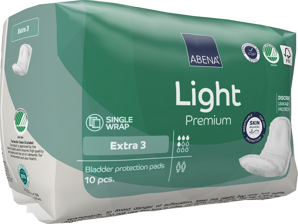 Kroppsformat Skydd Abena Light Extra 3 Vit 11x33cm 4 Droppar 10st - Inkontinensskydd - ikontor.se